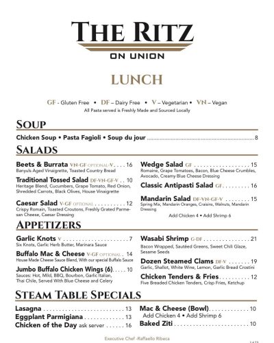 Menu – The Ritz on Union
