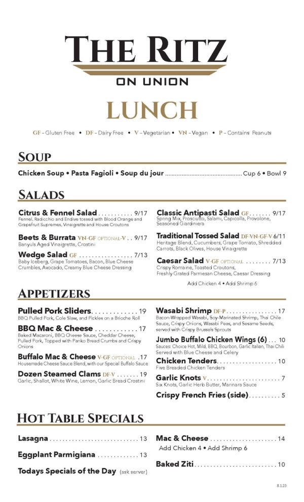 Menu – The Ritz on Union