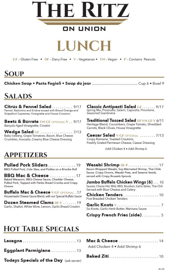 Menu – The Ritz on Union